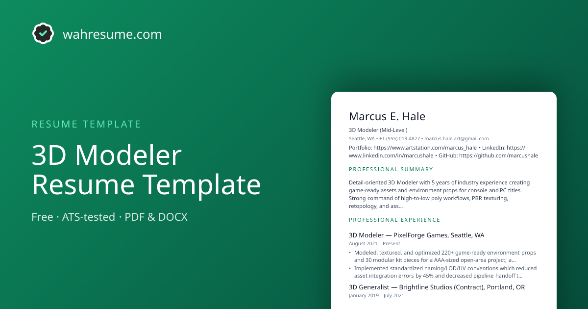 3D Modeler Resume Template (Entry-Level) | Free ATS-Tested