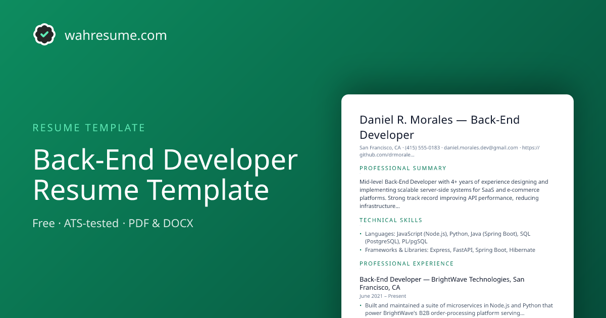 Back-End Developer Resume Template | Free ATS-Tested