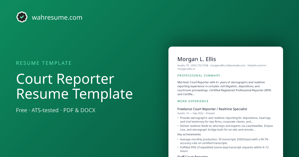 Court Reporter Resume Template (Mid-Level) | Free ATS-Tested