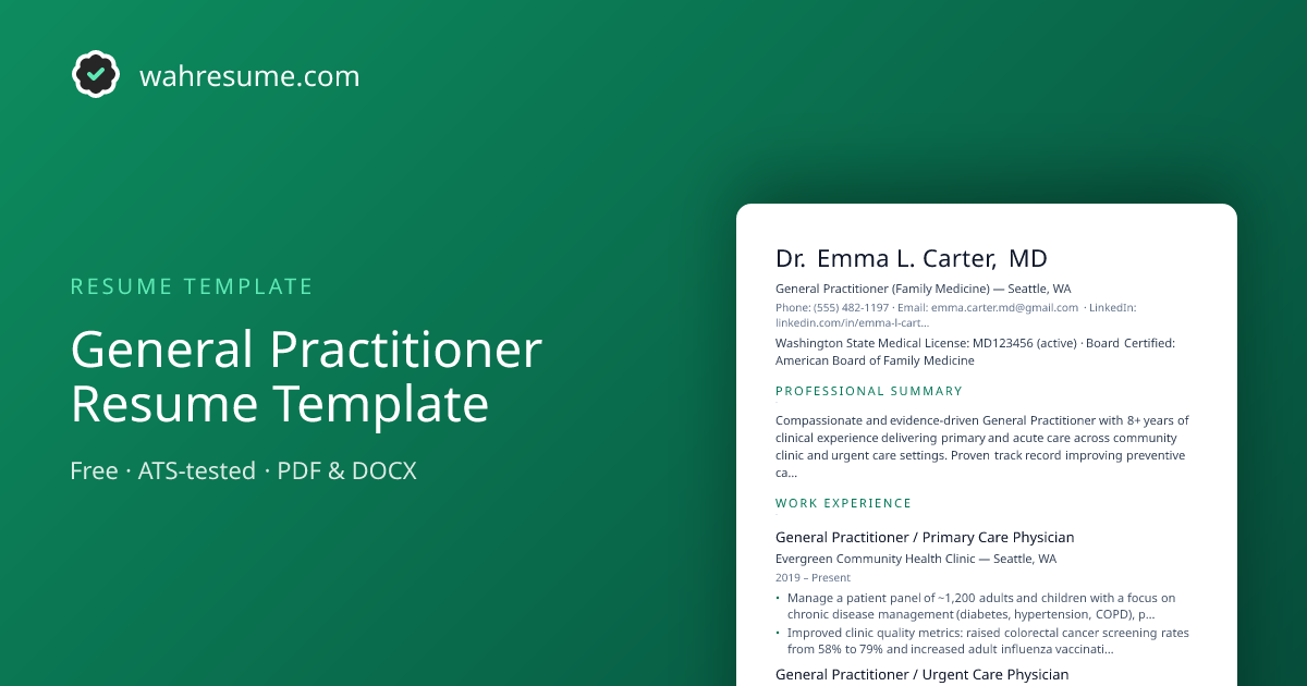 General Practitioner Resume Template | Free ATS-Tested