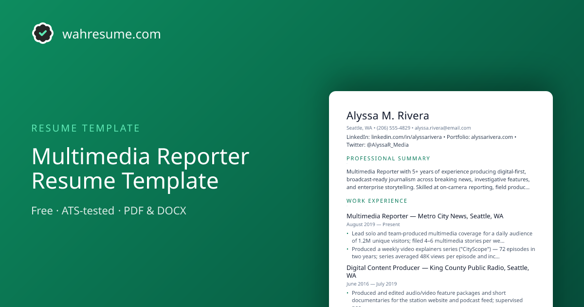 Multimedia Reporter Resume Template | Free ATS-Tested