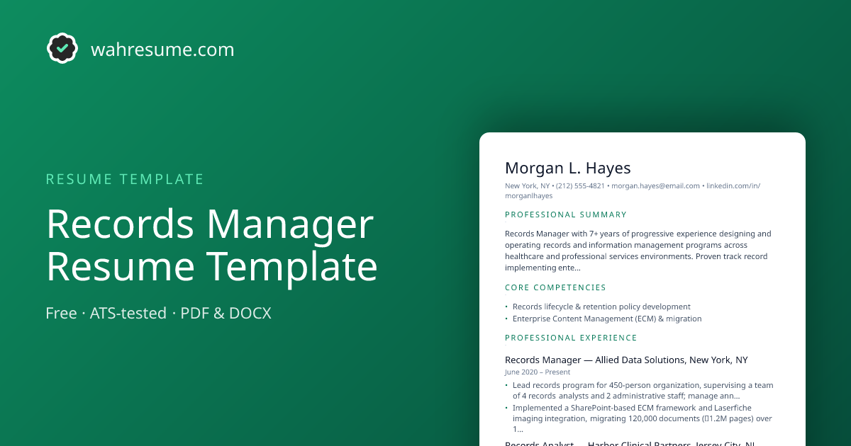 Records Manager Resume Template | Free ATS-Tested