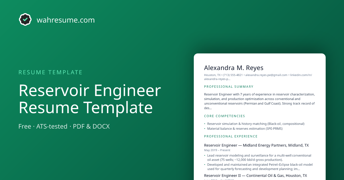 Reservoir Engineer Resume Template | Free ATS-Tested