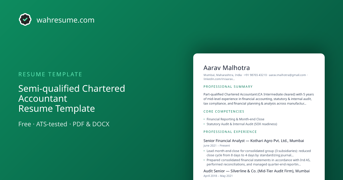 Semi-qualified Chartered Accountant Resume Template (Free) | ATS-Tested ...