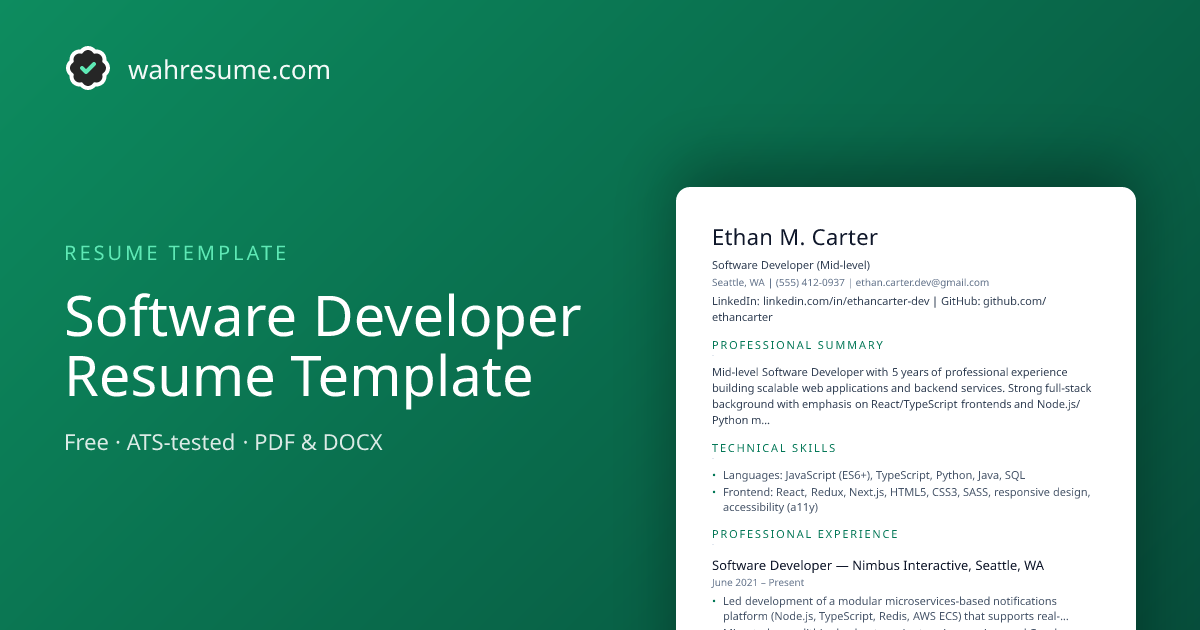 Software Developer Resume Template | Free ATS-Tested