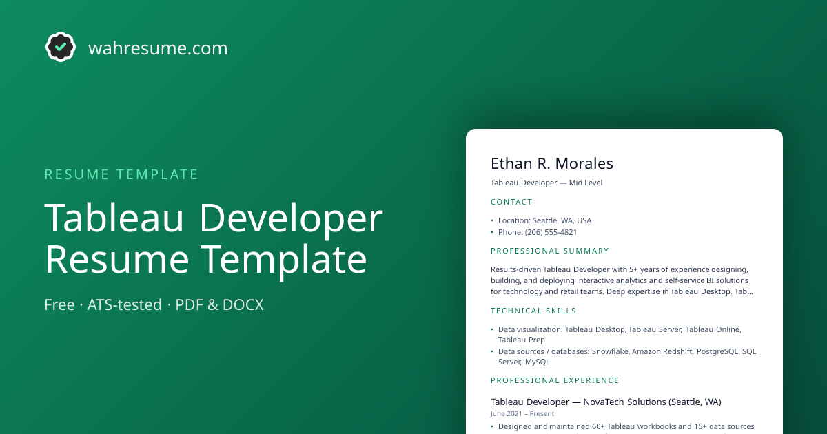 Tableau Developer Resume Template (Free) | ATS-Tested — WahResume