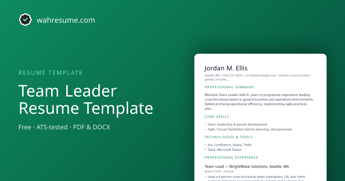 Team Leader Resume Template (Entry-Level) | Free ATS-Tested