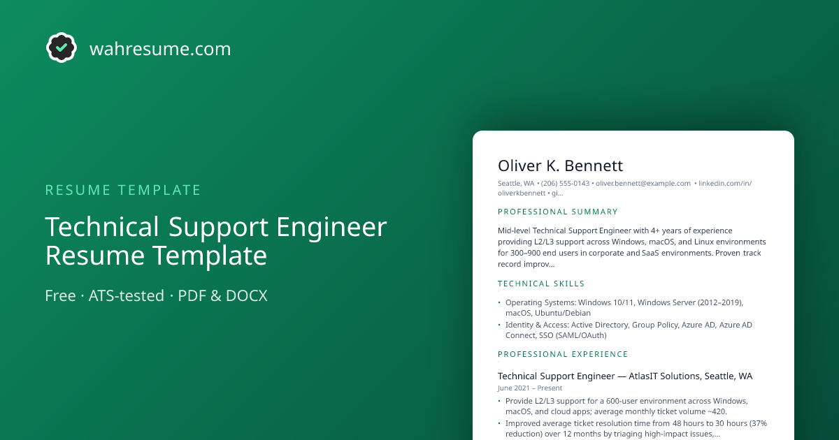 Technical Support Engineer Resume Template | Free ATS-Tested