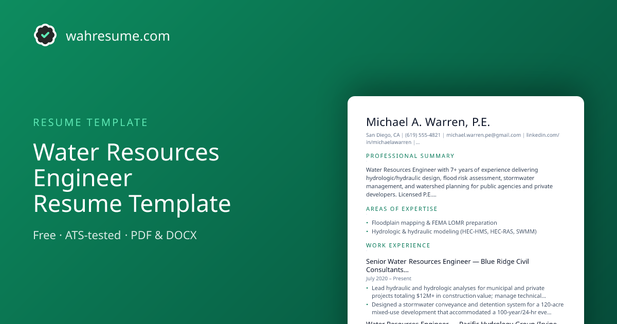 Water Resources Engineer Resume Template | Free ATS-Tested